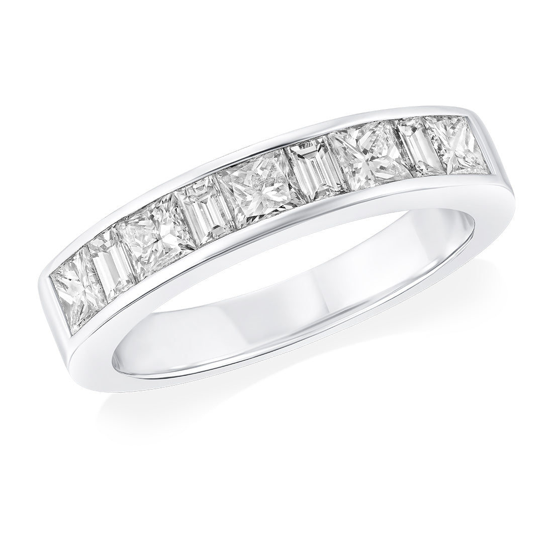 Platinum Channel Set Princess Cut and Baguette Cut Diamond Half Eterni ...