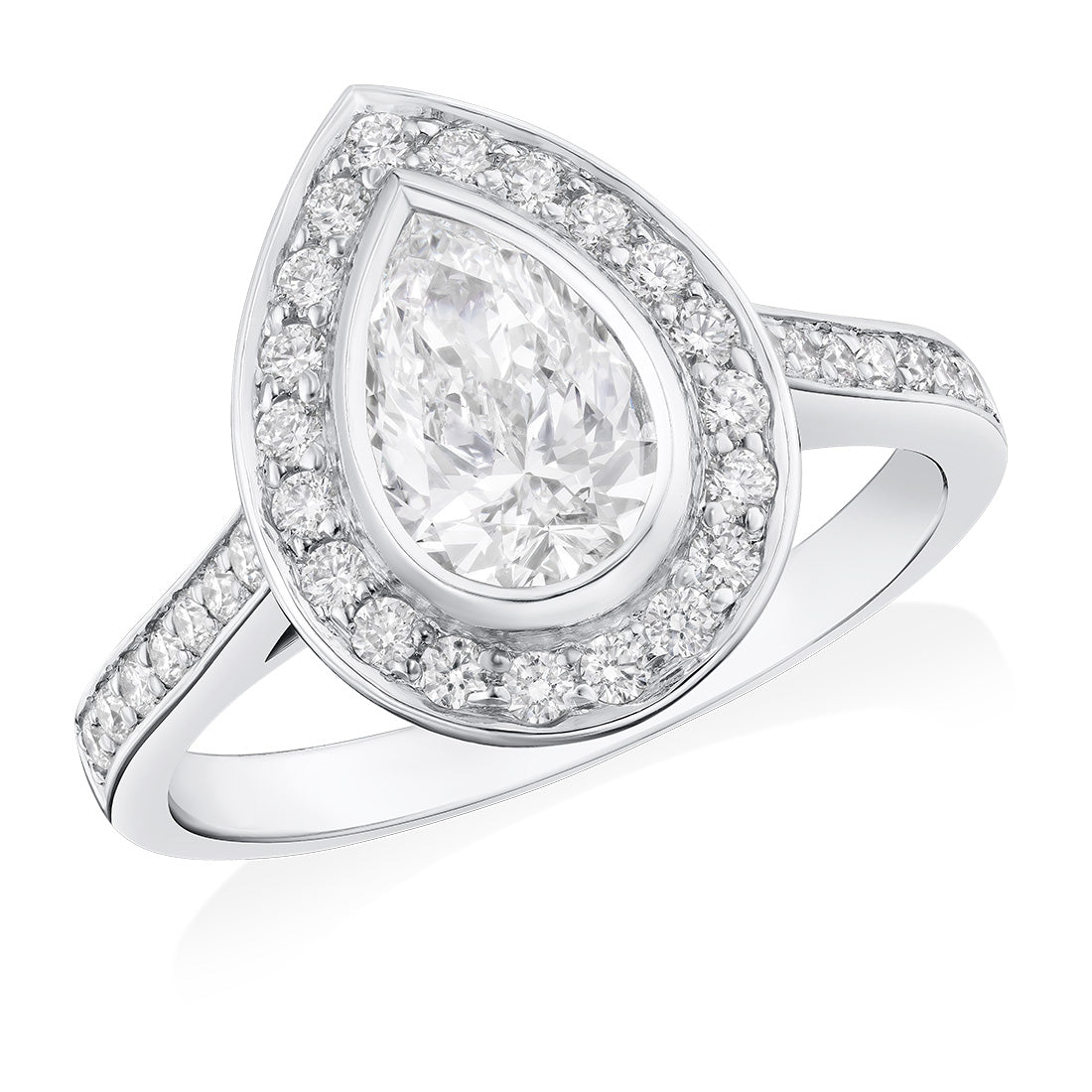 Platinum Rub Set Pear Cut Diamond and Round Brilliant Cut Halo Cluster ...