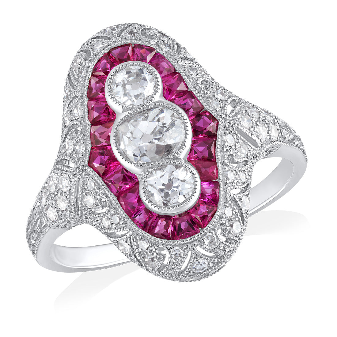 Pre-Owned Platinum Grain Set Old Cut Diamond and Calibre Cut Ruby Turb ...