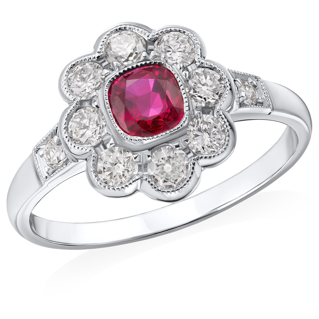 Pre-Owned Remodelled Platinum Milgrain Edge Rub Set Cushion Cut Ruby a ...