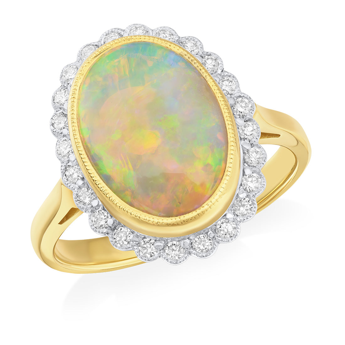18ct Yellow Gold Rub Set Cabochon Cut Opal and Diamond Halo Cluster Ri ...