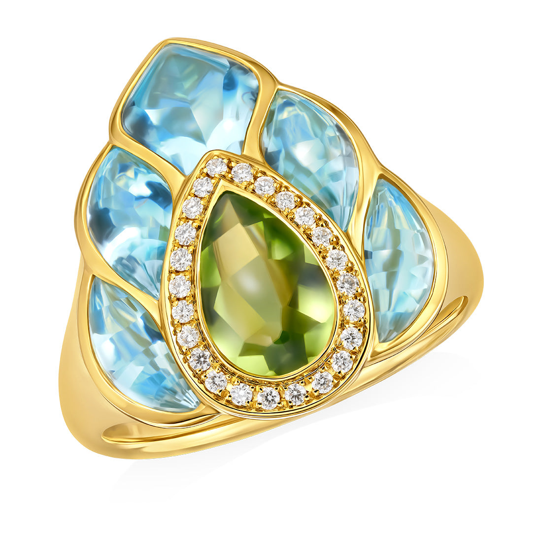 18ct Yellow Gold Rub Set Pear Shaped Peridot and Mixed Stone Cut Blue ...