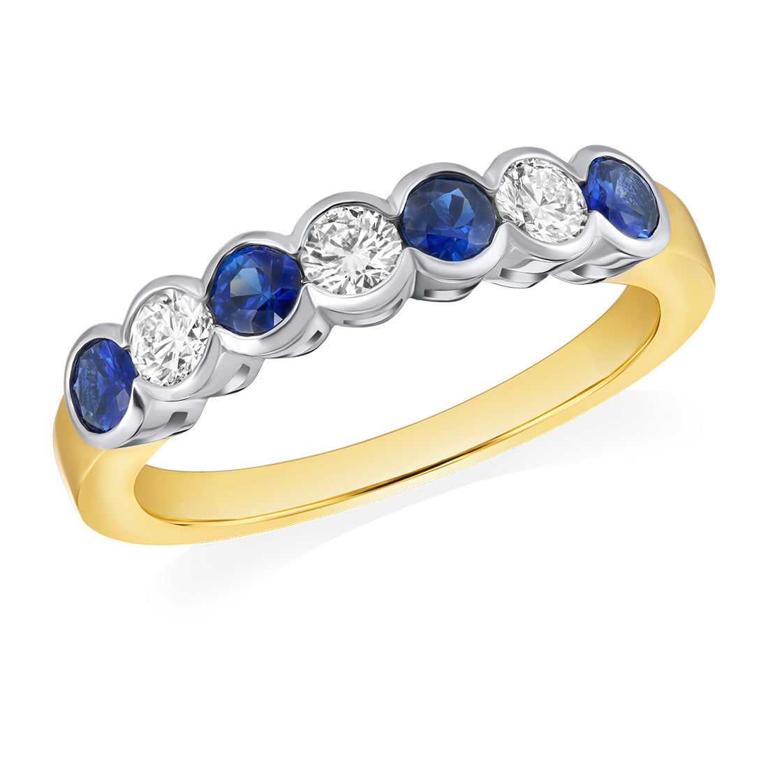 18ct Yellow Gold and Platinum Rub Set Round Cut Sapphire and Round Bri ...