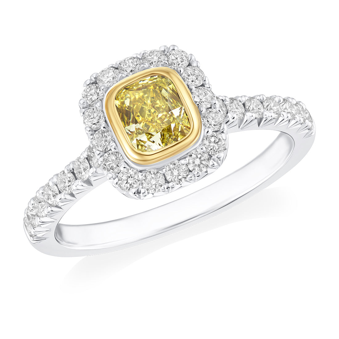 Platinum and 18ct Yellow Gold Rub Set Cushion Cut Natural Fancy Yellow ...