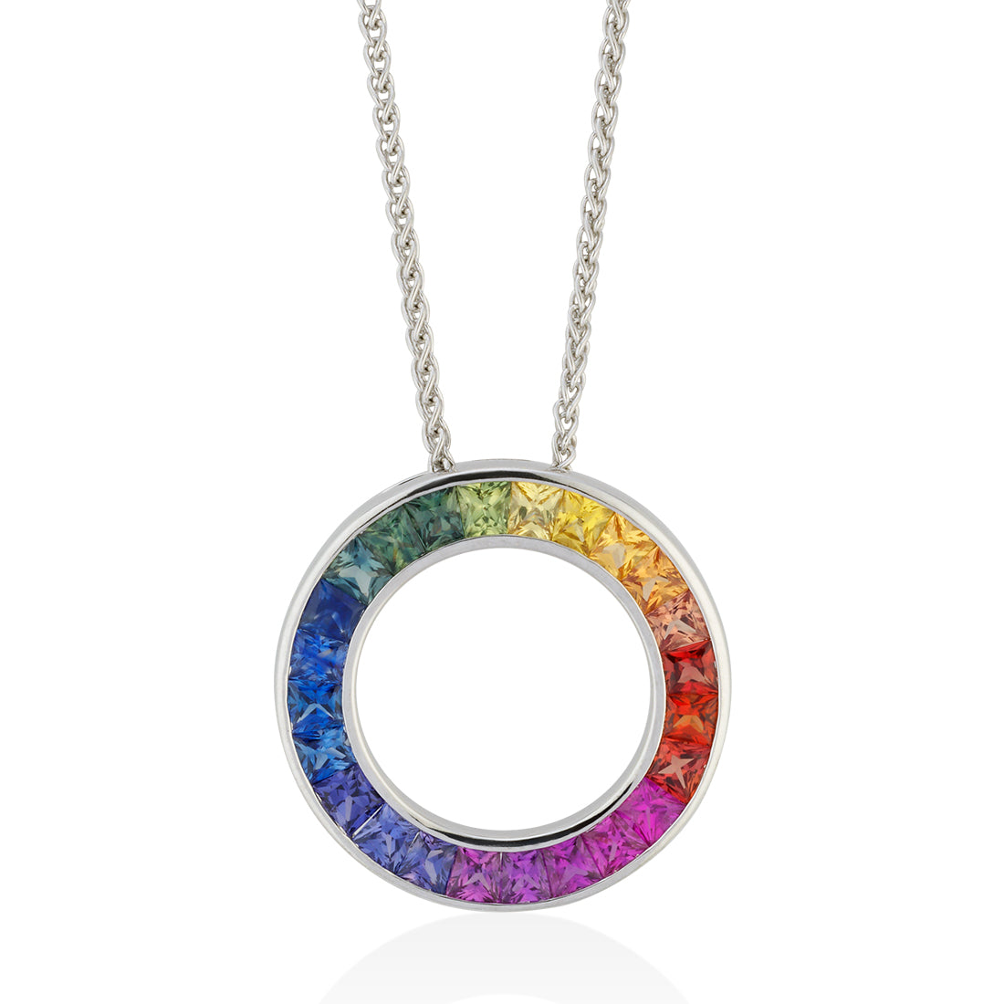 18ct White Gold Channel Set Rainbow Sapphire Circular Pendant and Chai ...