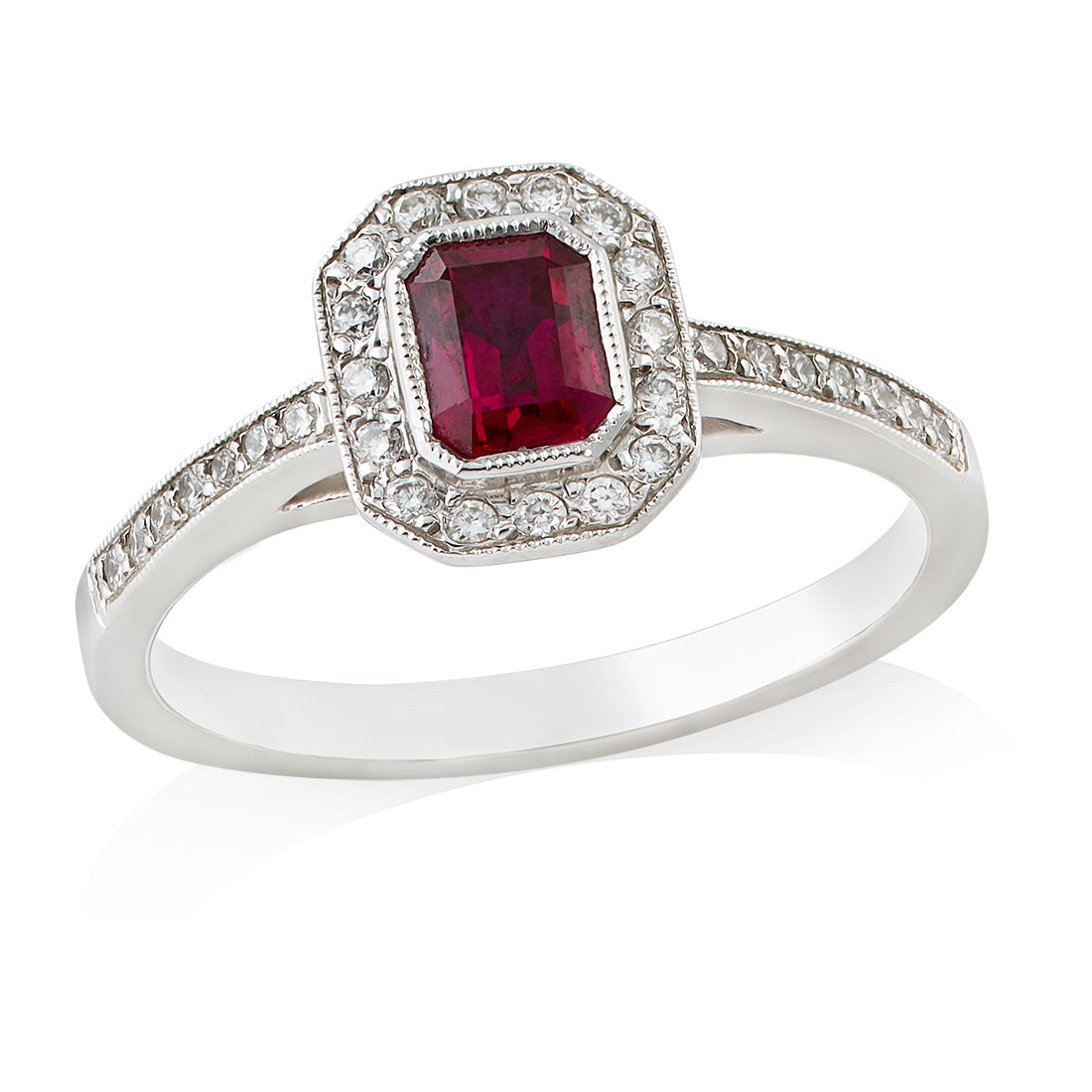 18ct White Gold Milgrain Edge Rub Set Emerald Cut Ruby and Diamond Hal ...