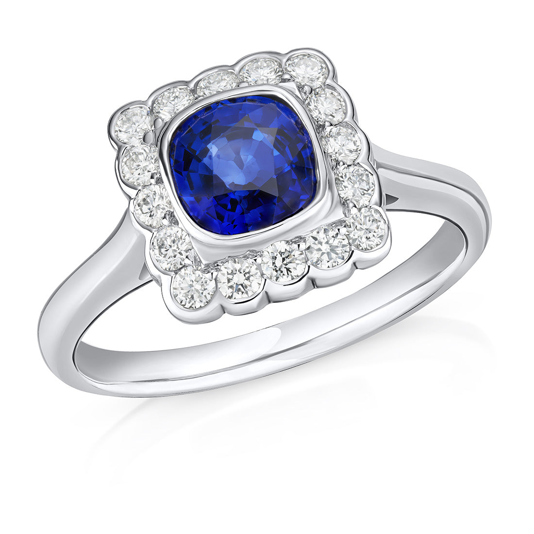 Platinum Rub Set Cushion Cut Sapphire and Round Brilliant Cut Diamond ...