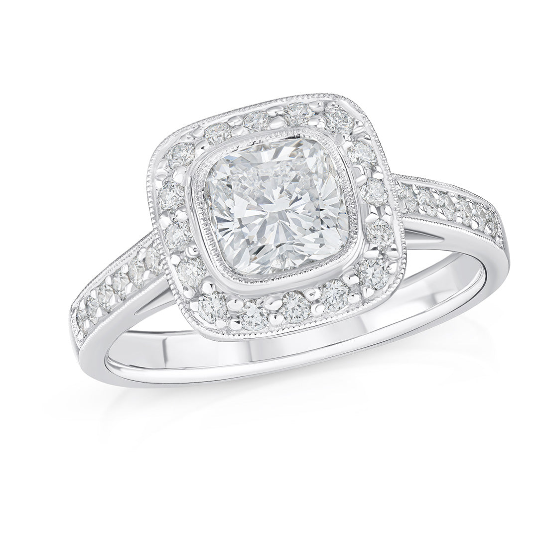 Platinum Milgrain Edge Rub Set Cushion Cut Diamond and Round Brilliant ...