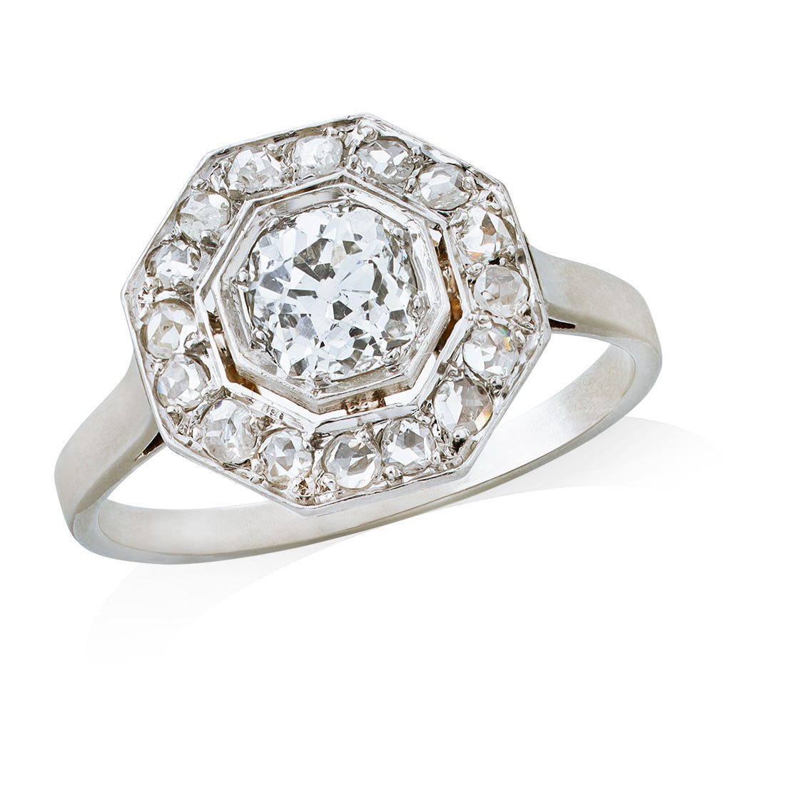 Antique French Platinum and 18ct White Gold Cluster Rub Set Old Cut an ...