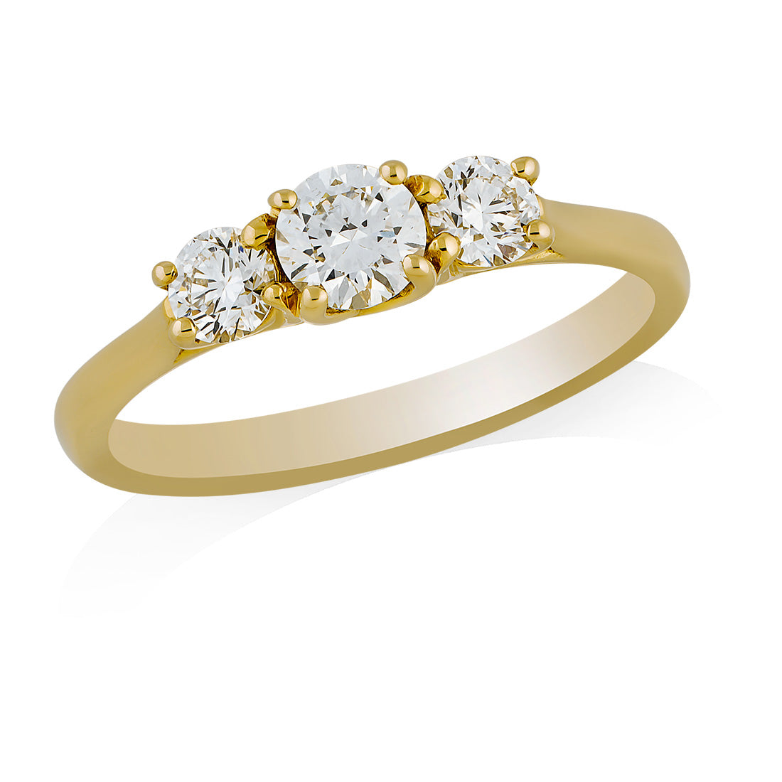 18ct Yellow Gold Three Stone Four Claw Set Round Brilliant Cut Diamond ...