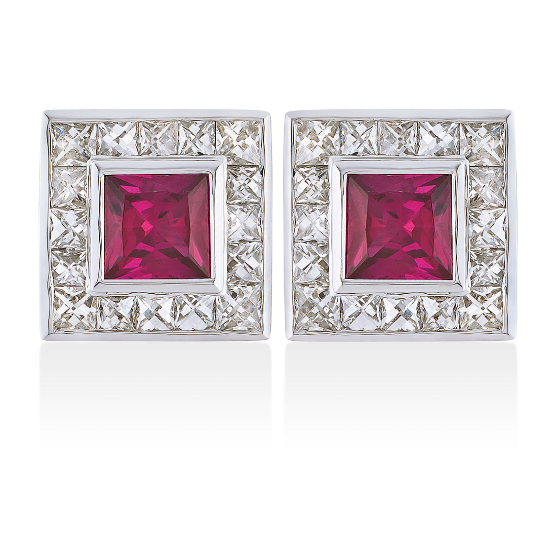 Platinum Rub Set Step Cut Unheated Ruby and French Cut Diamond Cluster ...