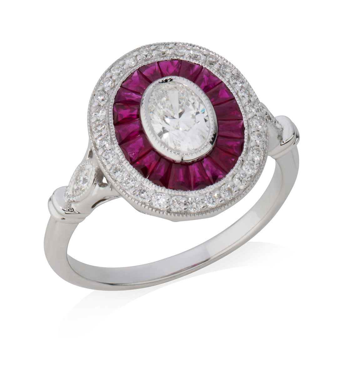18ct White Gold Milgrain Edge Rub Set Oval Cut Diamond and Ruby Cluste ...